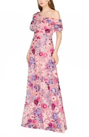 Js Collections Marigold Embroidered One-shoulder Puff Sleeve Gown