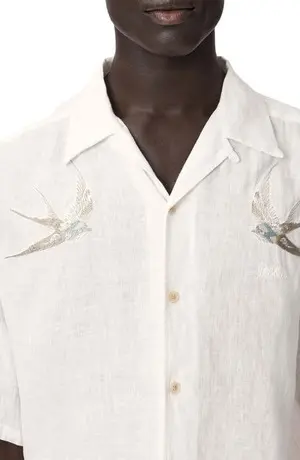 ALLSAINTS Avia Bird Embroidered Linen Camp Shirt