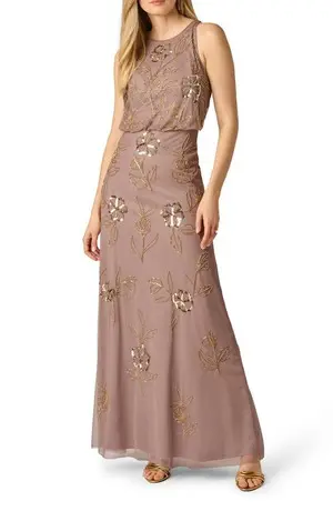 Adrianna Papell Beaded Floral Sleeveless Gown