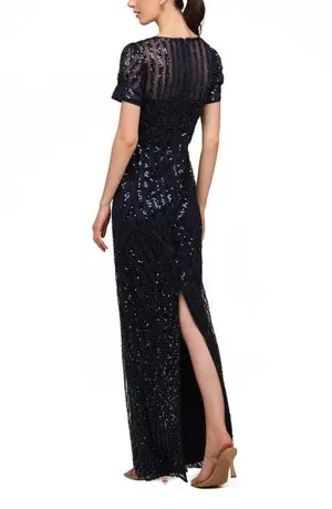 Js Collections Ivetta Sequin Stripe Illusion Neck Column Gown