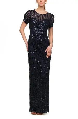 Js Collections Ivetta Sequin Stripe Illusion Neck Column Gown