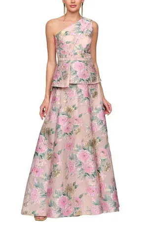 Js Collections Mia One Shoulder Floral Metallic Jacquard Peplum Gown - Blush Multi