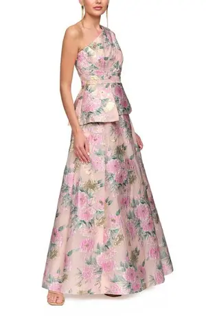 Js Collections Floral Metallic Jacquard Peplum Gown