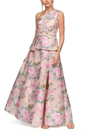 Js Collections Floral Metallic Jacquard Peplum Gown