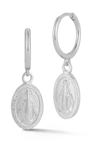 GLAZE JEWELRY Mother Mary Oval Drop Huggie Hoop Earrings - Silver