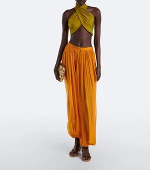 Retrofete Halterneck Chiffon Crop Top - Green