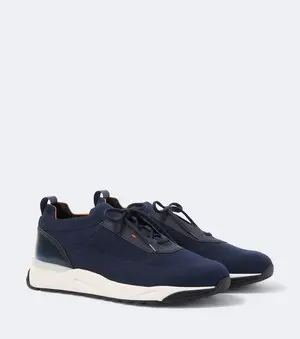 Santoni Leather-trimmed Knitted Sneakers - Blue