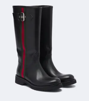 Gucci Web Stripe Leather Biker Boots - Black