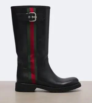 Gucci Web Stripe Leather Biker Boots - Black
