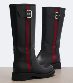 Gucci Web Stripe Leather Biker Boots - Black