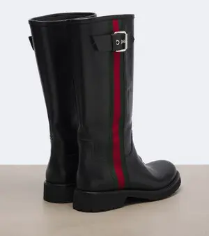 Gucci Web Stripe Leather Biker Boots - Black