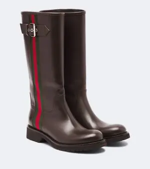 Gucci Web Stripe Leather Biker Boots - Brown