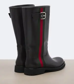 Gucci Web Stripe Leather Biker Boots