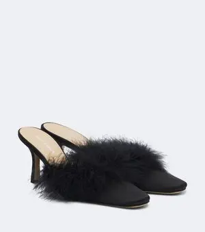 Mach & Mach Carolyn Feather-trimmed Satin Mules - Black