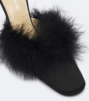 Mach & Mach Carolyn Feather-trimmed Satin Mules - Black