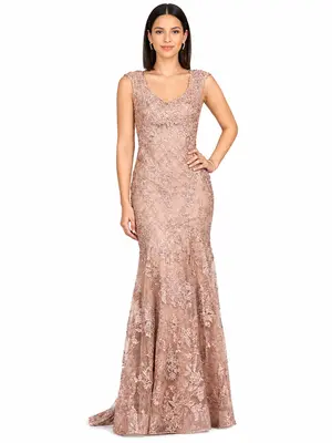 LARA NEW YORK Sleeveless Mermaid Lace Embroidered Gown - Blush