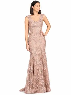 LARA NEW YORK Sleeveless Mermaid Lace Embroidered Gown - Blush