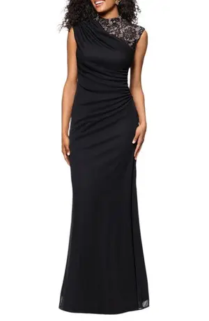 Betsy & Adam Lace Detail Mixed Media Gown