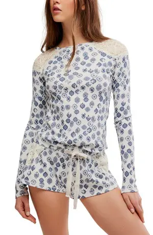 Free People Free People "Made You Blush" Printed Thermal Top With Lace Insets Whisper White Combo