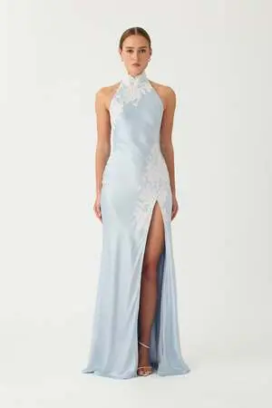 SAU LEE Michelle Gown Light Blue Satin Maxi Dress With Lace Trim And Slit - Frost Blue