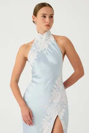 SAU LEE Michelle Gown Light Blue Satin Maxi Dress With Lace Trim And Slit - Frost Blue