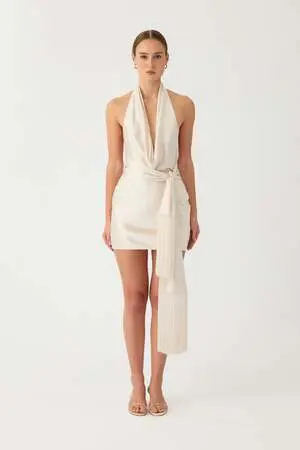 SAU LEE Solene Satin Mini Dress With Cowl Neck And Tassel Detail