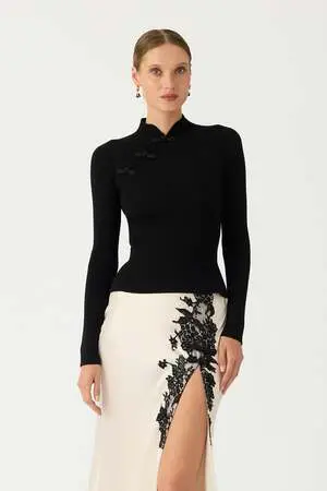 SAU LEE Petar Knit Top With Mandarin Collar - Black