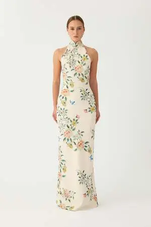 SAU LEE Georgia Maxi Dress With Peony Print And Open Back - Stone
