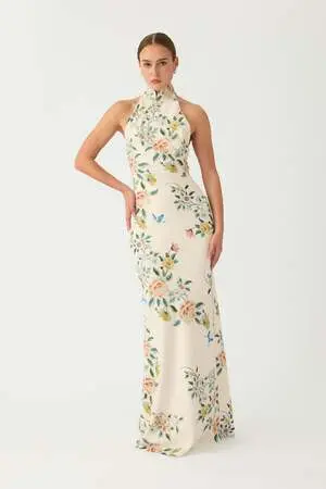 SAU LEE Georgia Maxi Dress With Peony Print And Open Back - Stone