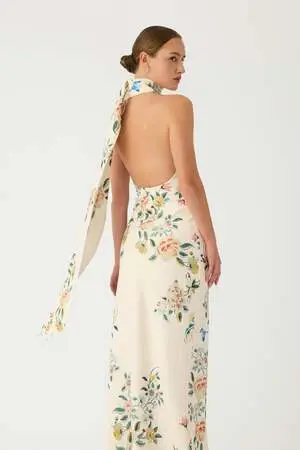 SAU LEE Georgia Maxi Dress With Peony Print And Open Back - Stone