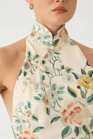 SAU LEE Georgia Maxi Dress With Peony Print And Open Back - Stone