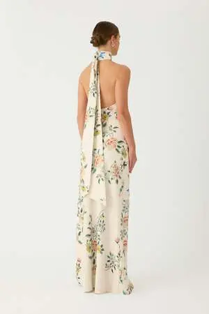 SAU LEE Georgia Maxi Dress With Peony Print And Open Back - Stone