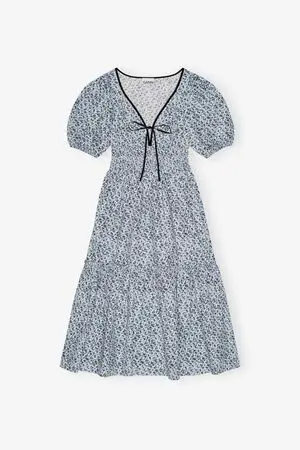 GANNI Floral Printed Cotton Long Smock Dress - Blue