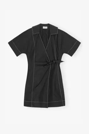 GANNI Cotton Poplin Wrap Mini Dress - Black