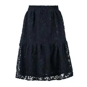 CONQUISTA Lace Jacquard Midi Skirt – Soft Textured Polyester, Elastic Waist - Black