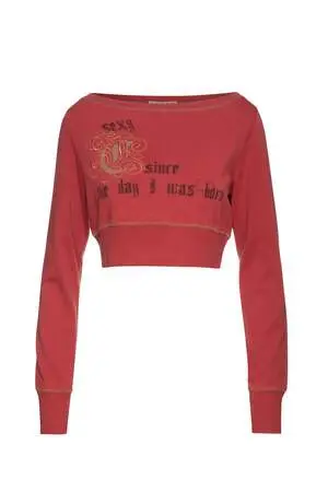 CONQUISTA Dark Crop Print Top With Applique Detail - Red