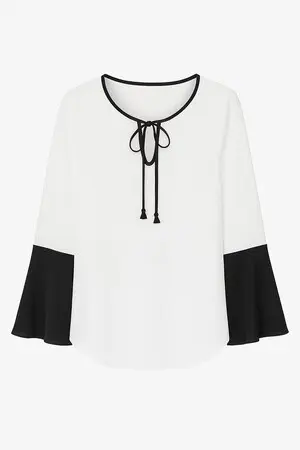 CONQUISTA Neutrals Contrast Detail Ecru Top With Long Bell Sleeves & Keyhole Tie Fastening Fashion - Beige
