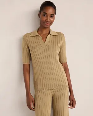 HAVEN WELL WITHIN Organic Cotton Ribbed Short Sleeve Polo Sweater - Truffle