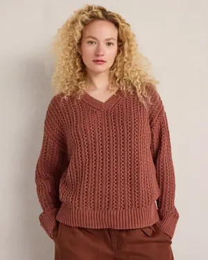 HAVEN WELL WITHIN Textured Cotton Blend V-neck Sweater - Red Clay