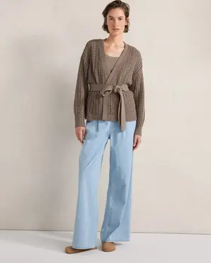 HAVEN WELL WITHIN Textured Cotton Blend Belted Cardigan - Ivory