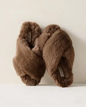 HAVEN WELL WITHIN Faux Fur Criss-cross Slippers - Cocoa Bean