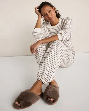 HAVEN WELL WITHIN Faux Fur Criss-cross Slippers - Cocoa Bean