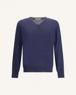 Brunello Cucinelli Ultrafine Virgin Wool V-neck Sweater - Blue