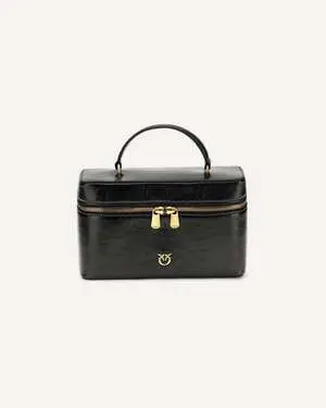 Pinko Classic Leather Beauty Case With Top Handle And Shoulder Strap - Black
