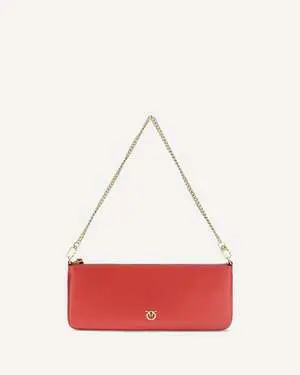Pinko Horizontal Flat Leather Shoulder Bag With Chain Strap - Red