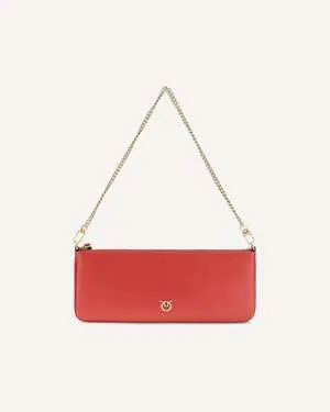 Pinko Horizontal Flat Leather Shoulder Bag With Chain Strap - Red