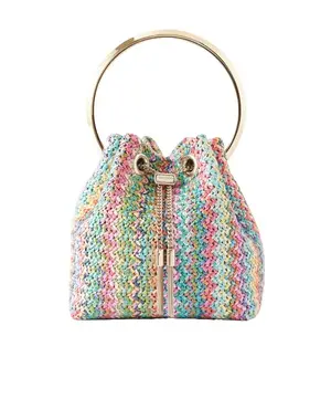 JIMMY CHOO Bon Bon Striped Woven Raffia Bucket Bag - Multicolor