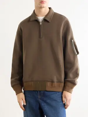Sacai Cotton-blend Half-zip Sweater With Ma-1 Sleeve Pocket - Brown