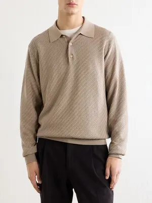 Brioni Woven Cotton, Cashmere And Silk-blend Polo Sweater