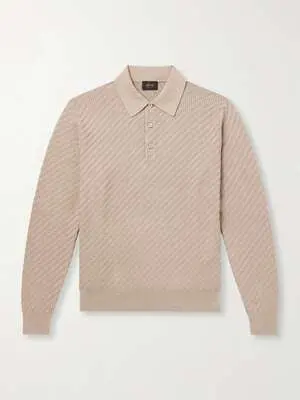 Brioni Woven Cotton, Cashmere And Silk-blend Polo Sweater - Light Brown